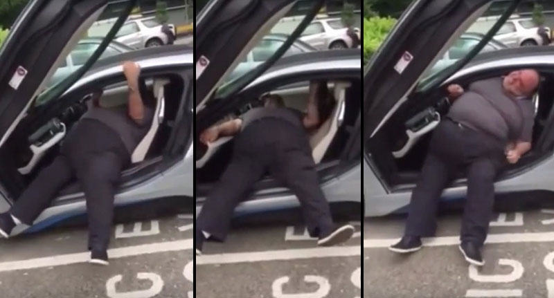 Friend Laughs Hysterically as Fat Dude Tries to Exit BMW i8